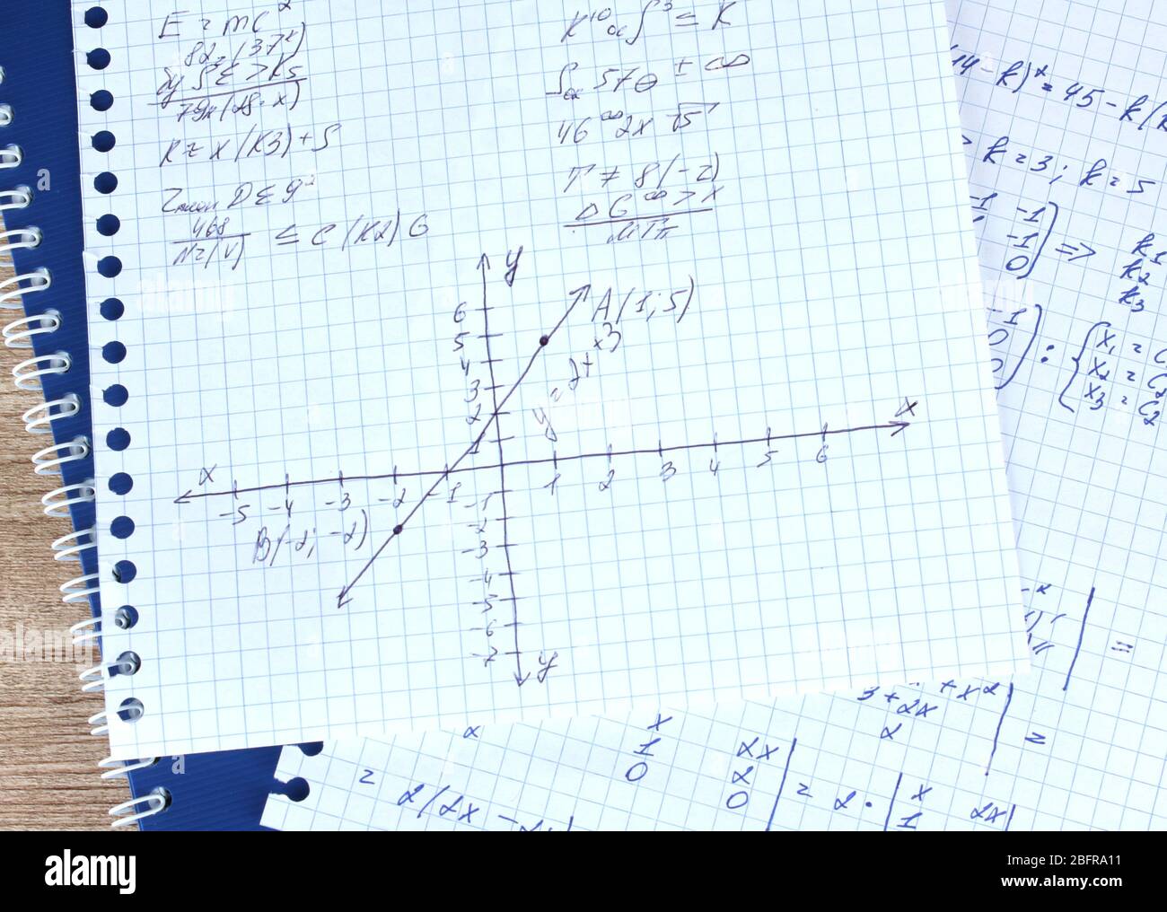 Math, physics and geometry on copybook page closeup Stock Photo - Alamy