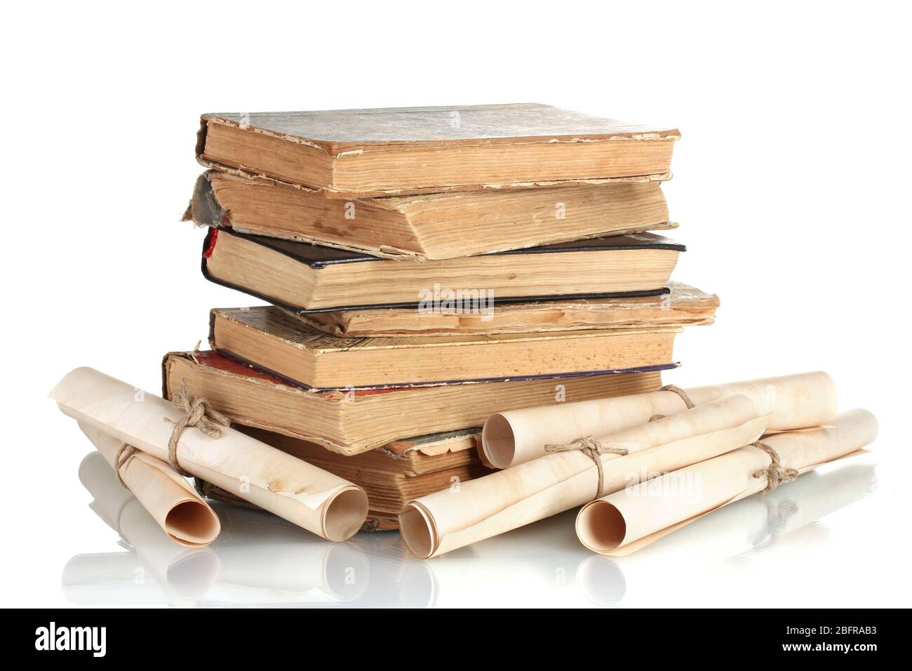 Pile of old books and scroll isolated on white Stock Photo - Alamy