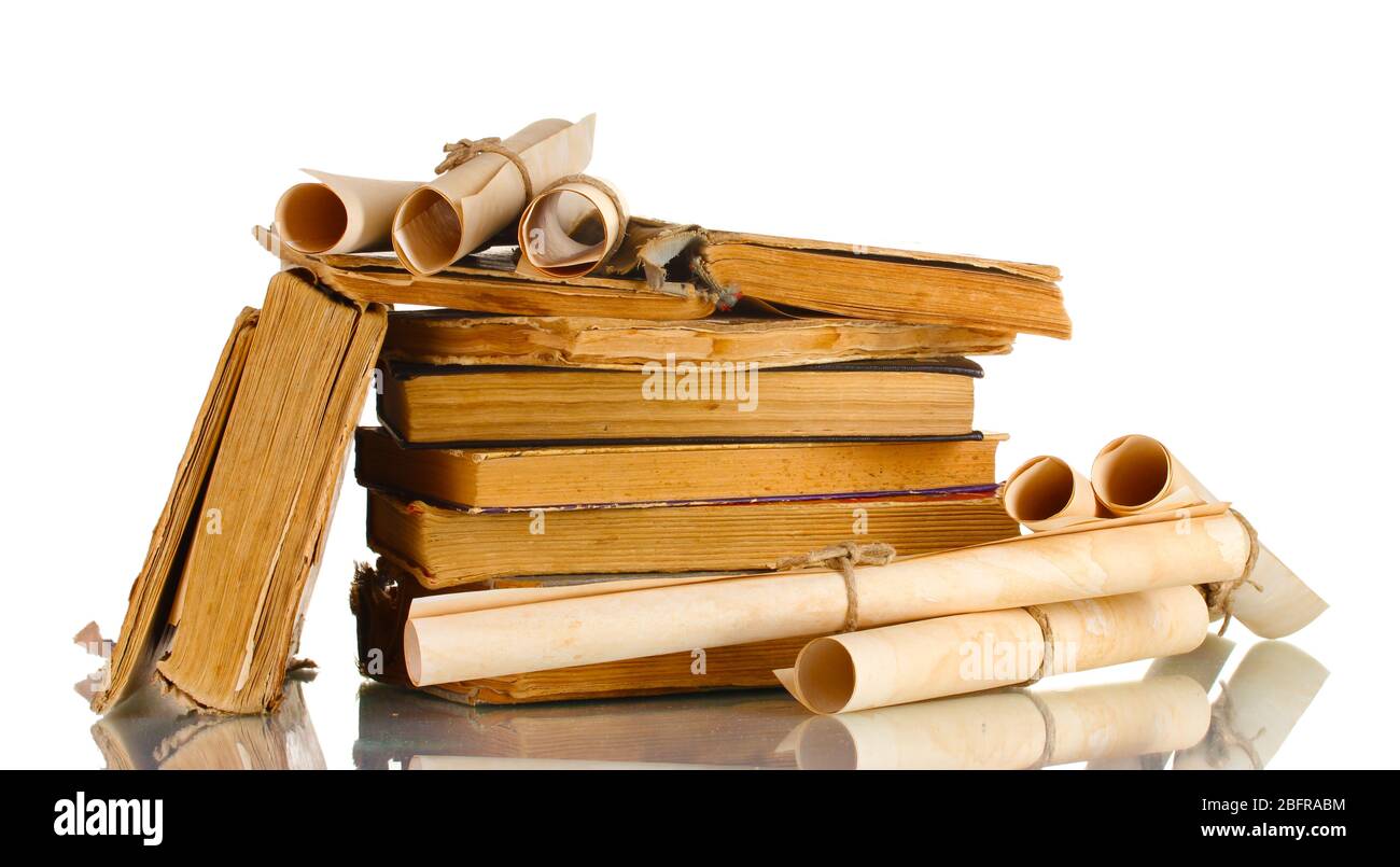 Pile of old books and scroll isolated on white Stock Photo - Alamy