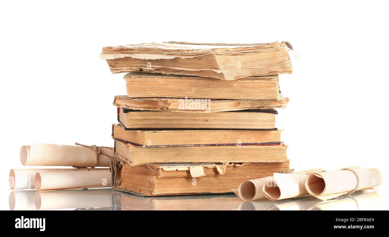 Pile of old books and scroll isolated on white Stock Photo - Alamy