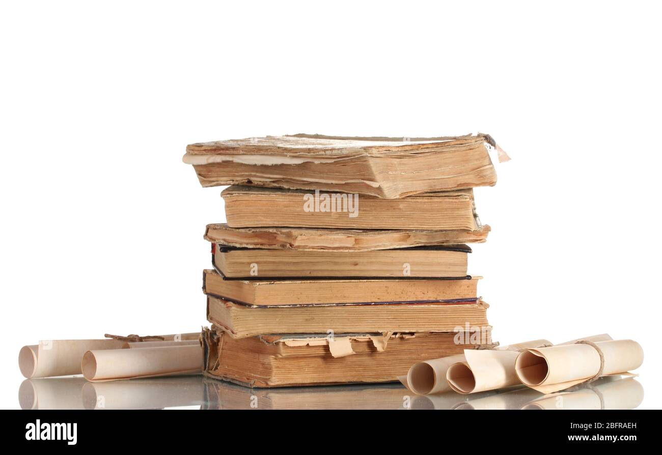 Pile of old books and scroll isolated on white Stock Photo - Alamy
