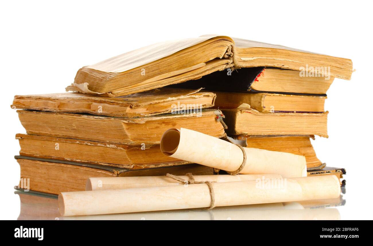 Pile of old books and scroll isolated on white Stock Photo - Alamy