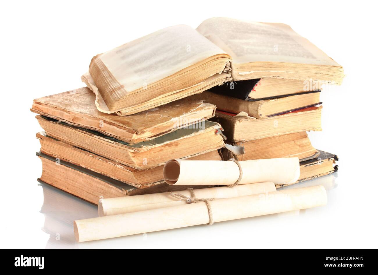 Pile of old books and scroll isolated on white Stock Photo - Alamy