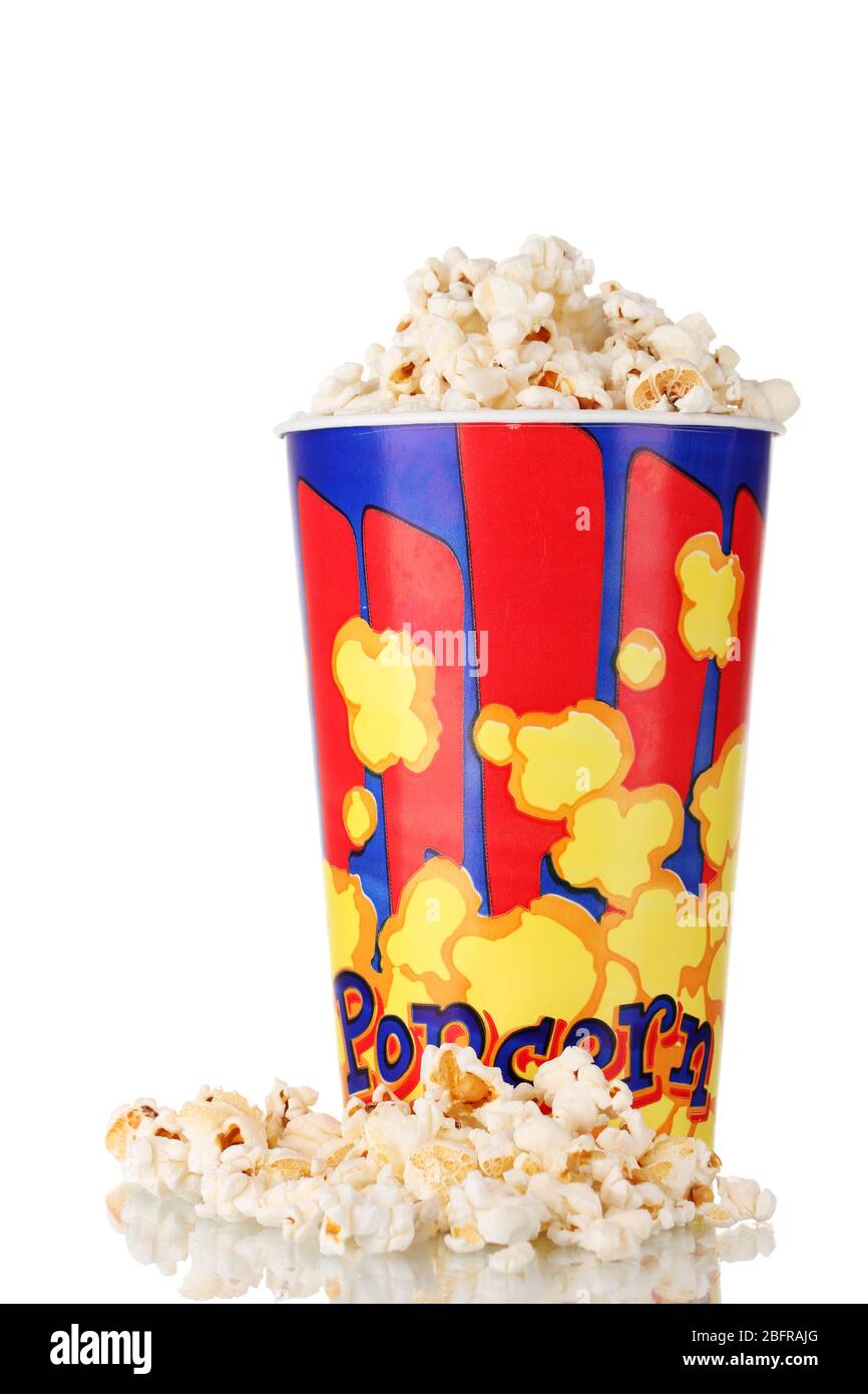 Full bucket of popcorn isolated on white Stock Photo - Alamy