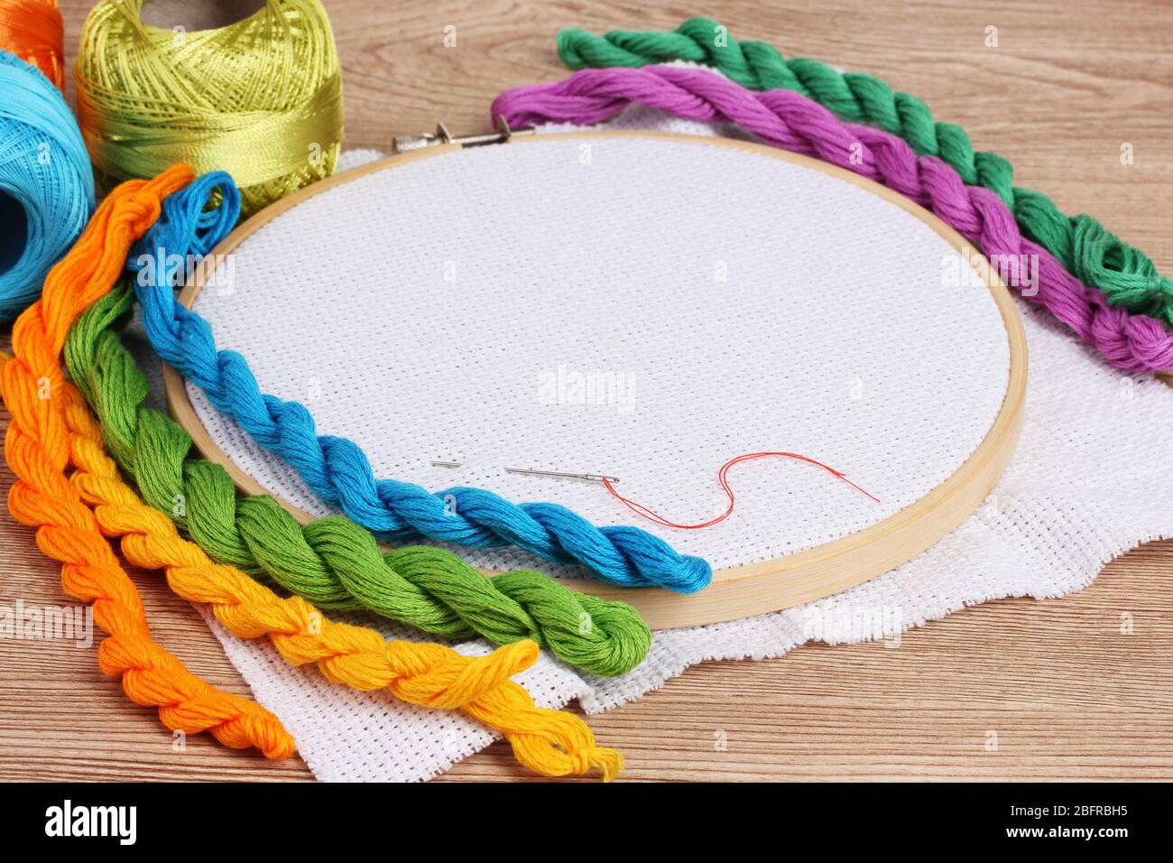 The embroidery hoop with canvas and bright sewing threads for ...