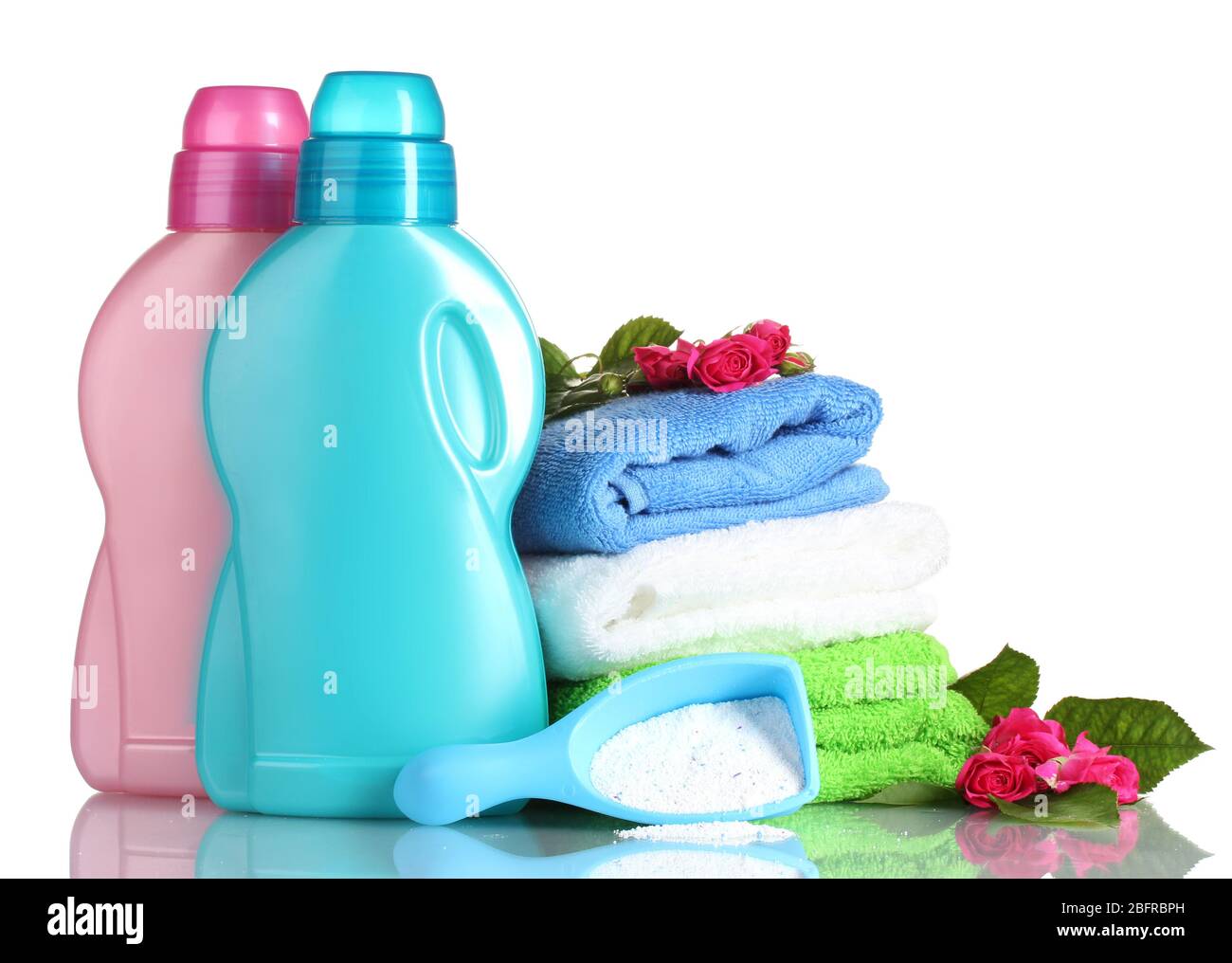 Detergent with washing powder and towels isolated on white Stock Photo ...