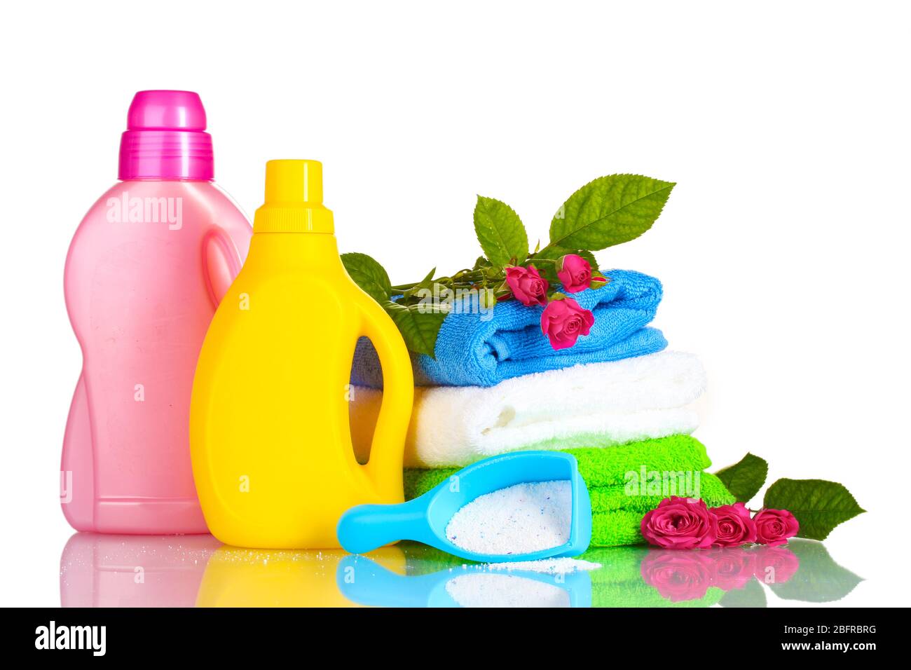 Detergent with washing powder and towels isolated on white Stock Photo ...