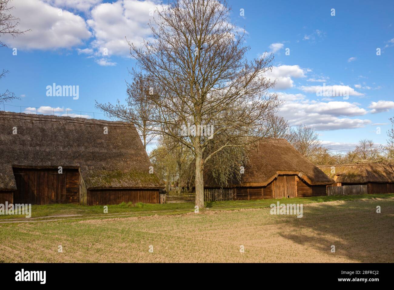 Traditional old polish countryside wooden houses and farmyards. Open ...