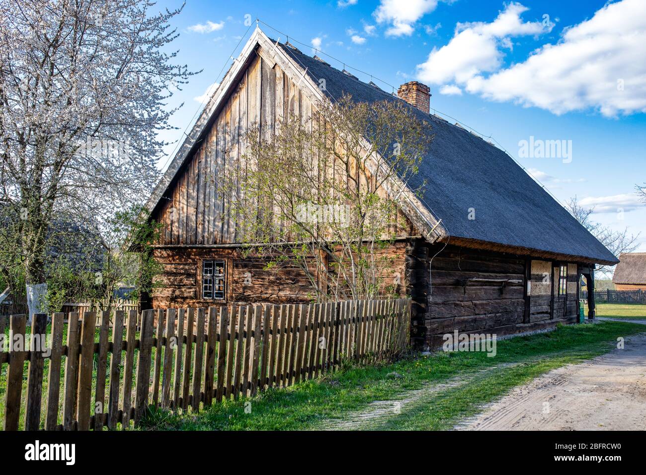 Traditional old polish countryside wooden houses and farmyards. Open ...