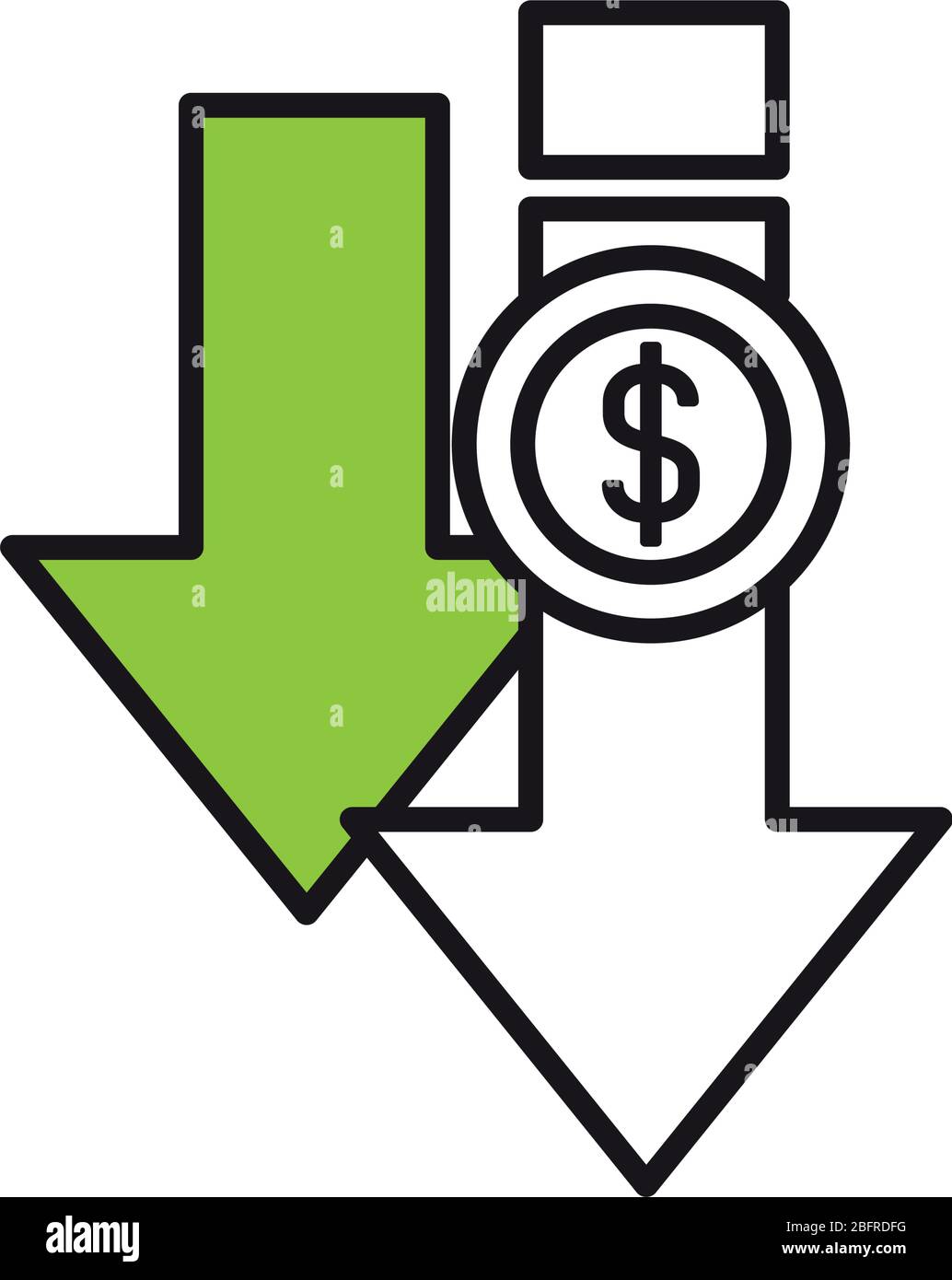 descending arrows with money coin icon over white background, half line ...