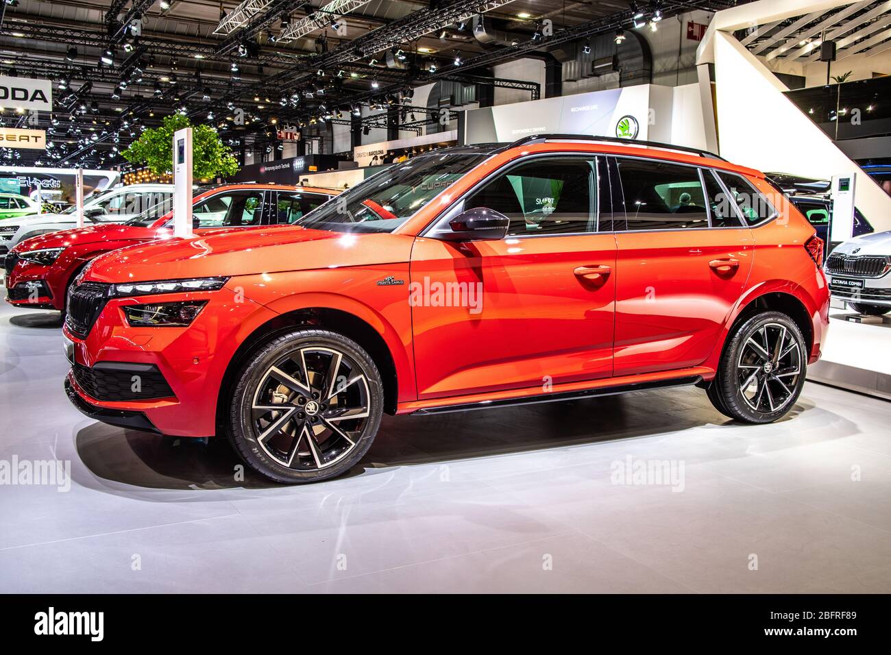 Brussels, Belgium, Jan 09, 2020: metallic red Skoda Kamiq at Brussels ...