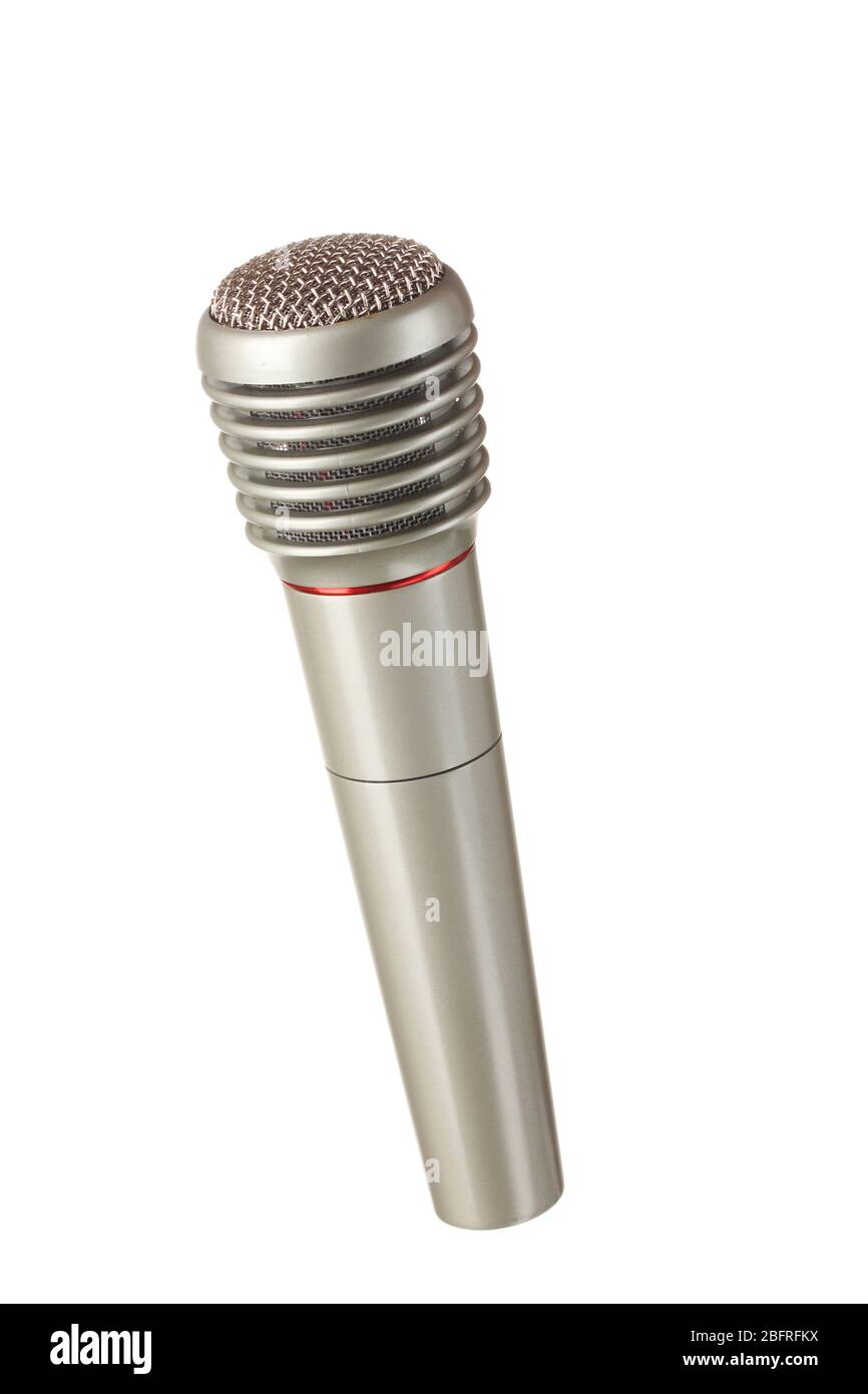 Shiny grey iron microphone isolated on white Stock Photo - Alamy