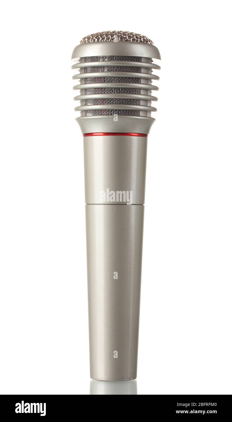 Shiny grey iron microphone isolated on white Stock Photo - Alamy