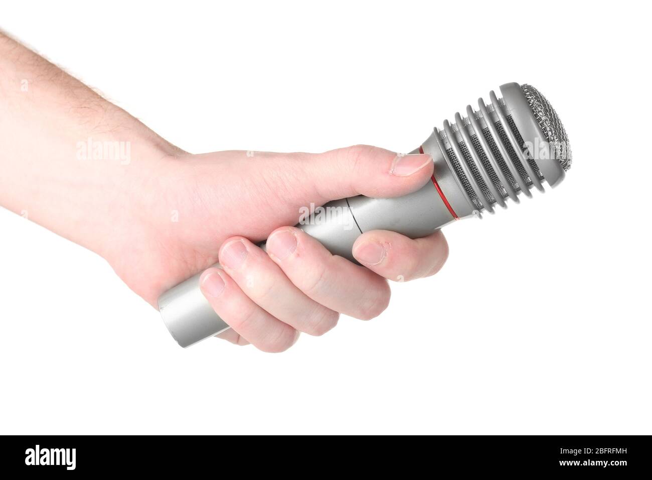 Shiny grey iron microphone in hand isolated on white Stock Photo - Alamy