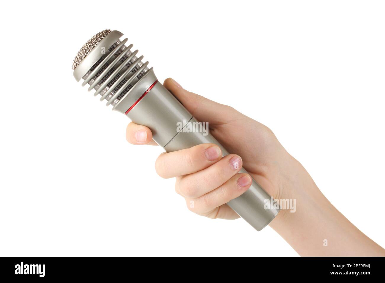 Shiny grey iron microphone in hand isolated on white Stock Photo - Alamy