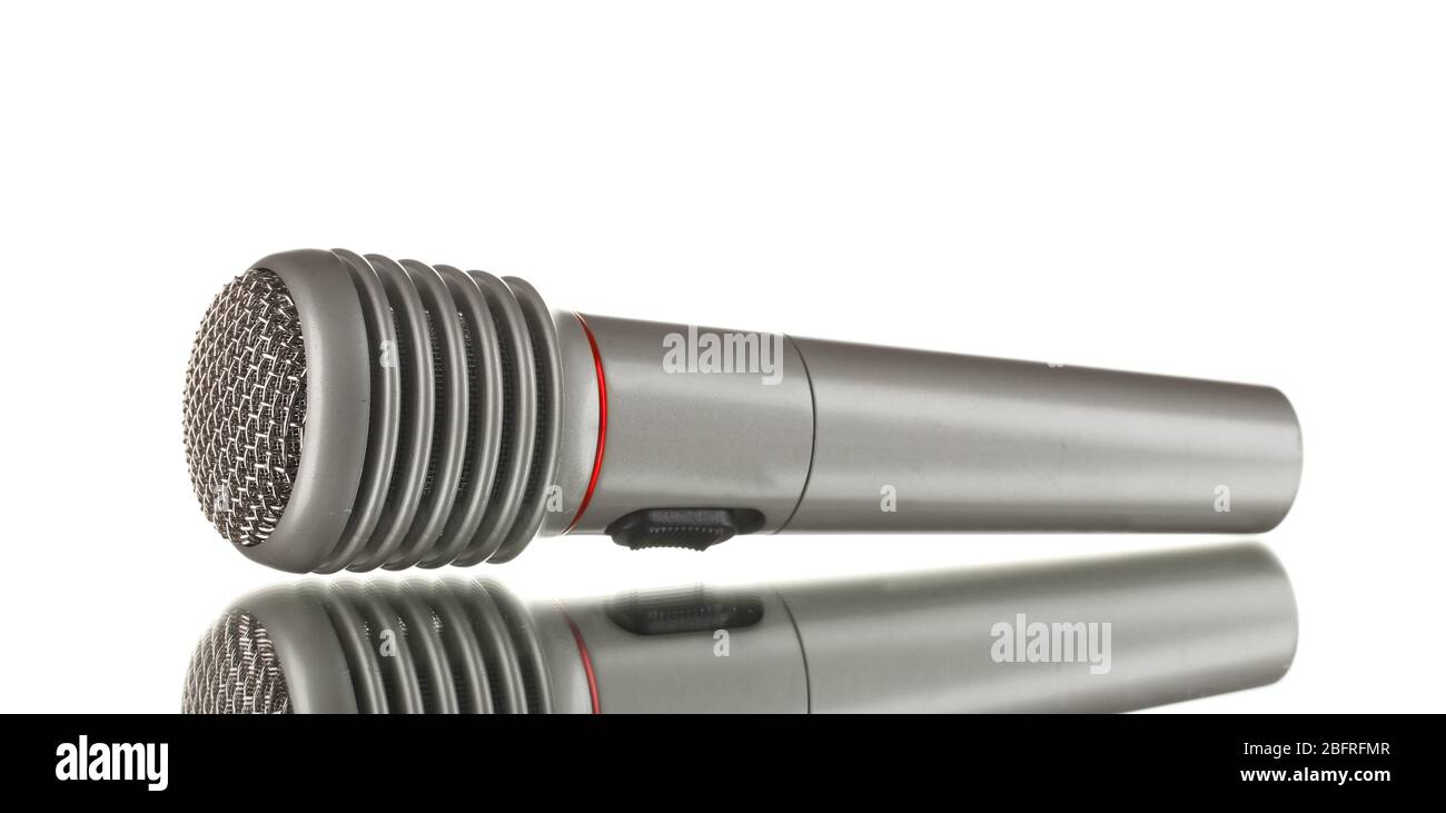 Shiny grey iron microphone isolated on white Stock Photo - Alamy