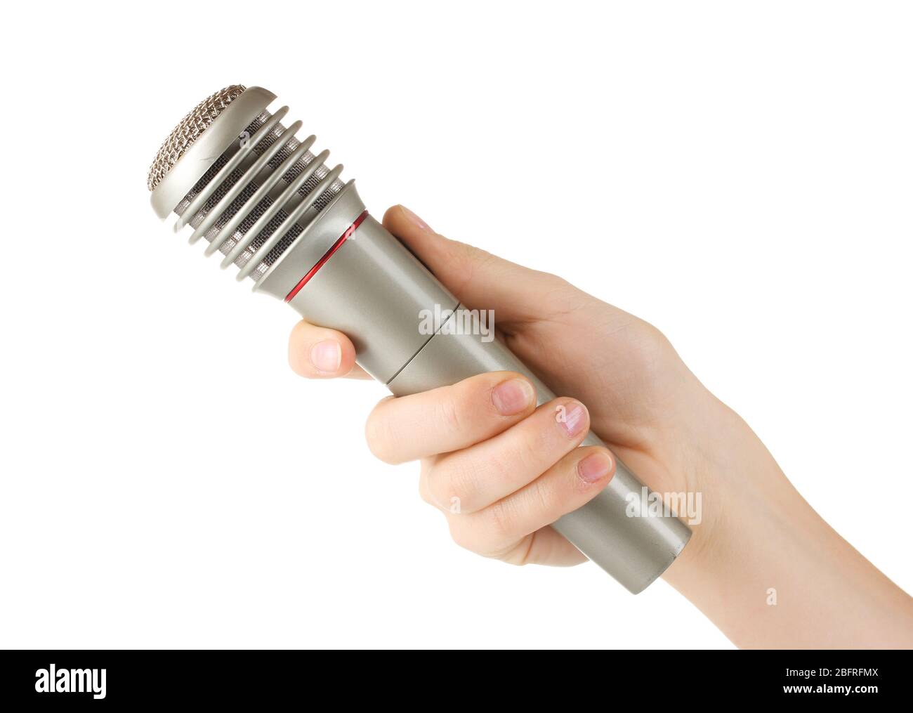 Shiny grey iron microphone in hand isolated on white Stock Photo - Alamy