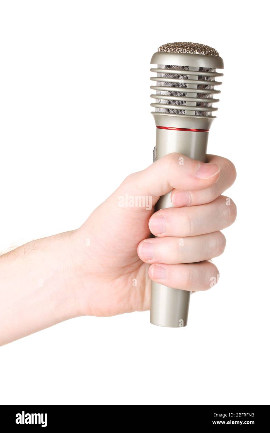 Shiny grey iron microphone in hand isolated on white Stock Photo - Alamy