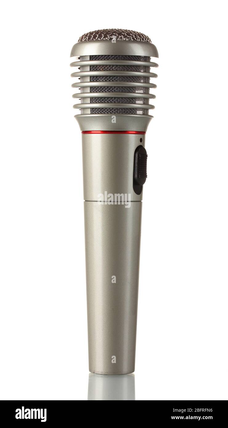 Shiny grey iron microphone isolated on white Stock Photo - Alamy