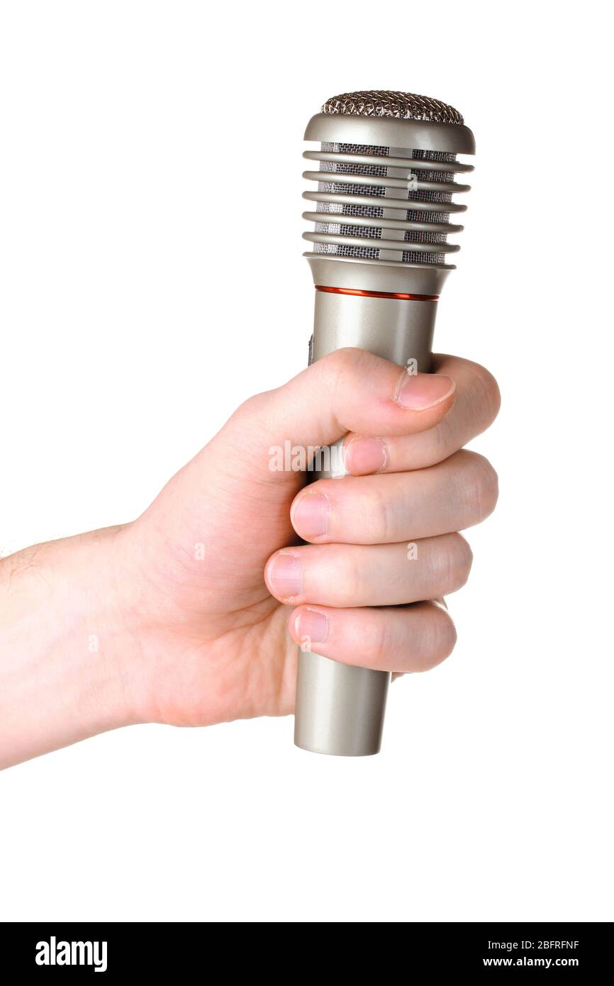 Shiny grey iron microphone in hand isolated on white Stock Photo - Alamy