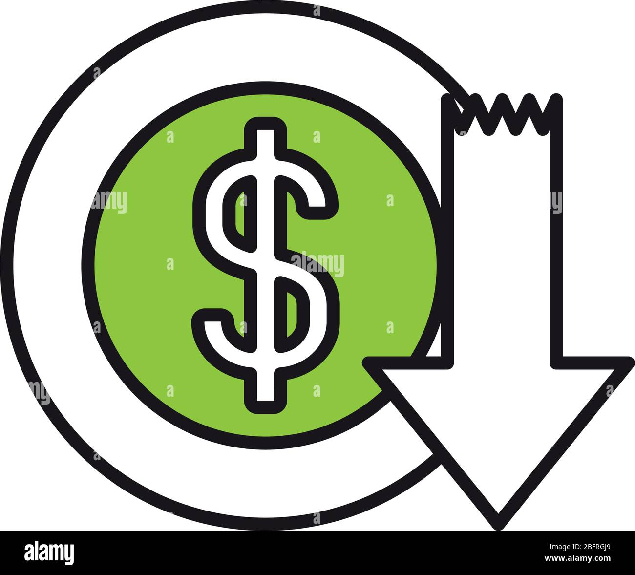 money coin with down arrow icon over white background, half line half ...