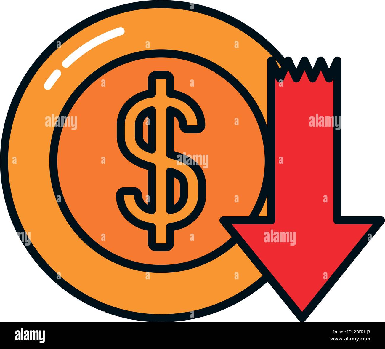 money coin with down arrow icon over white background, line and fill ...