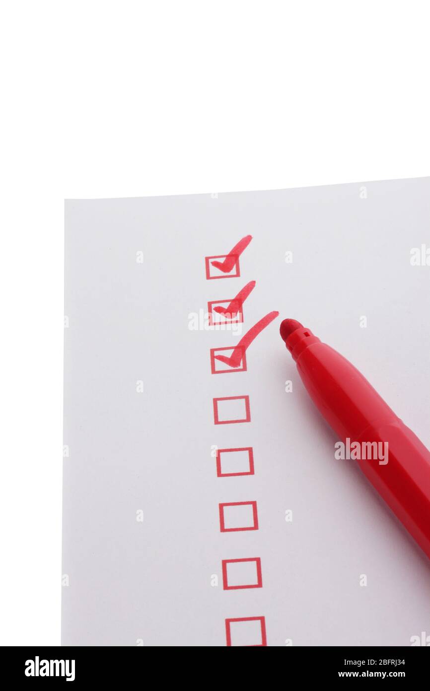 Checklist and red marker isolated on white Stock Photo - Alamy