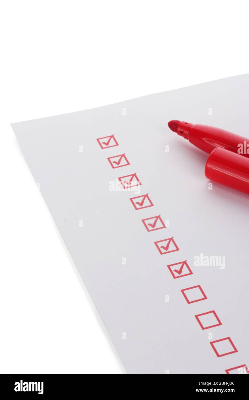 Checklist and red marker isolated on white Stock Photo - Alamy