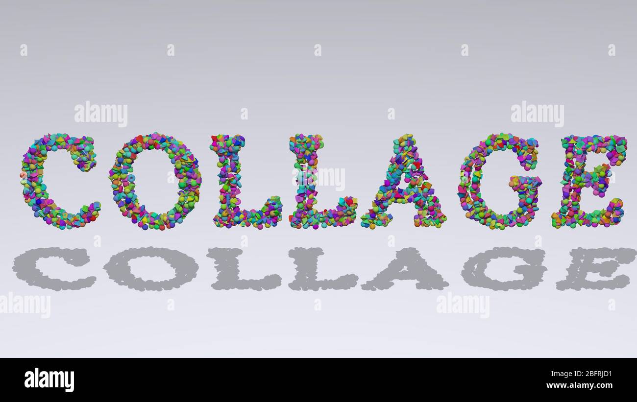 Collage: 3D illustration of the text made of small objects over a white ...