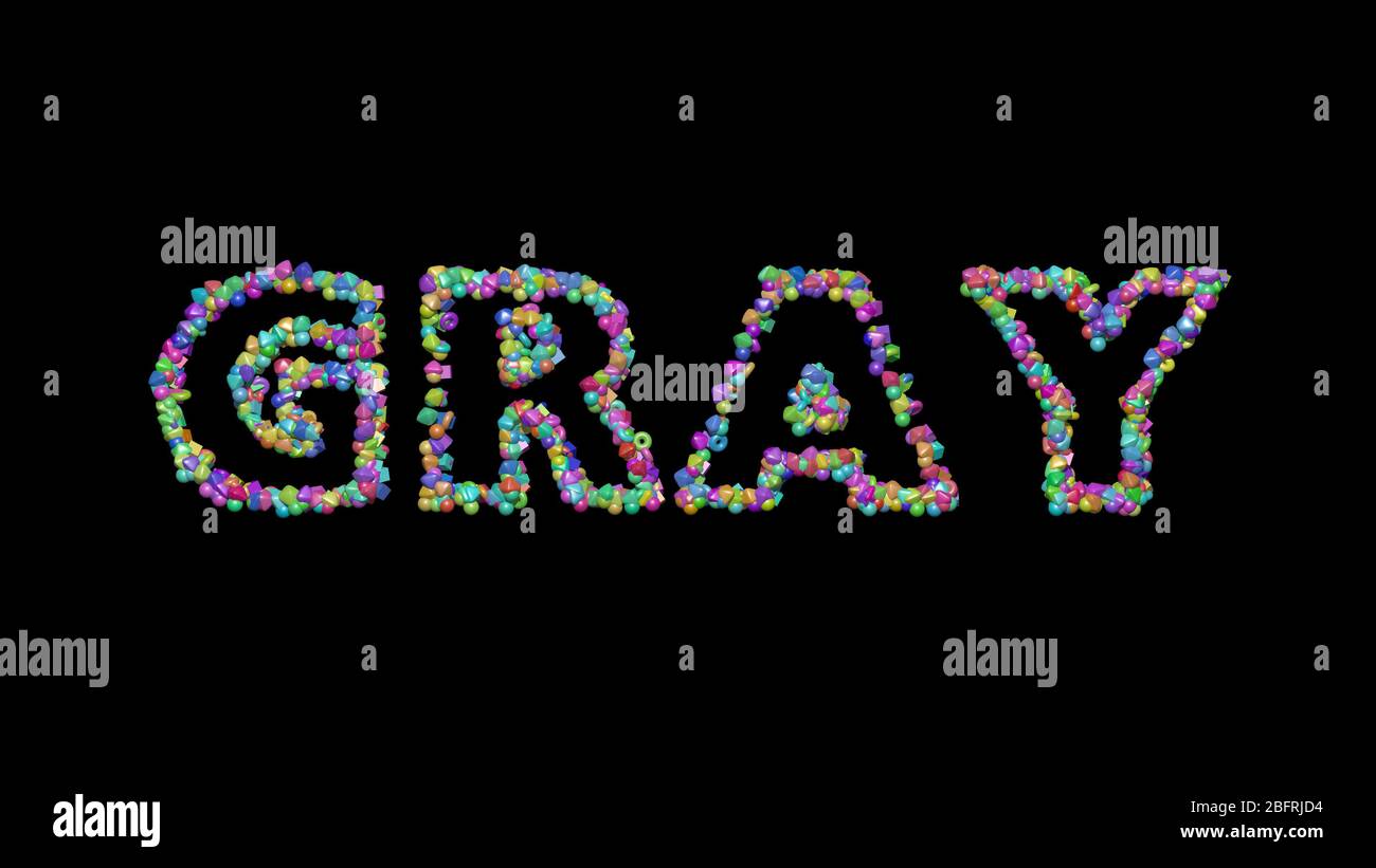 Gray: 3D illustration of the text made of small objects over a black ...