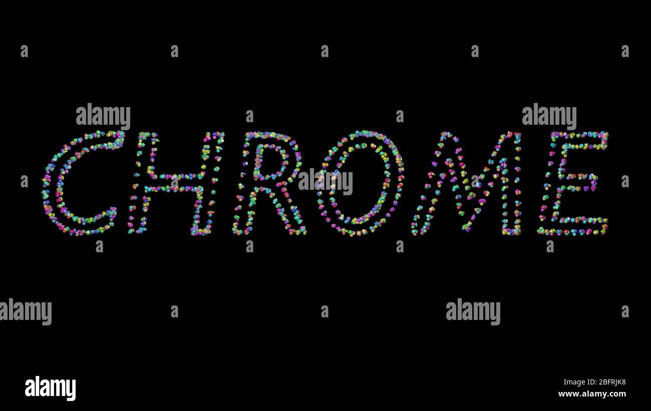 Chrome written in 3D illustration by colorful small objects casting ...