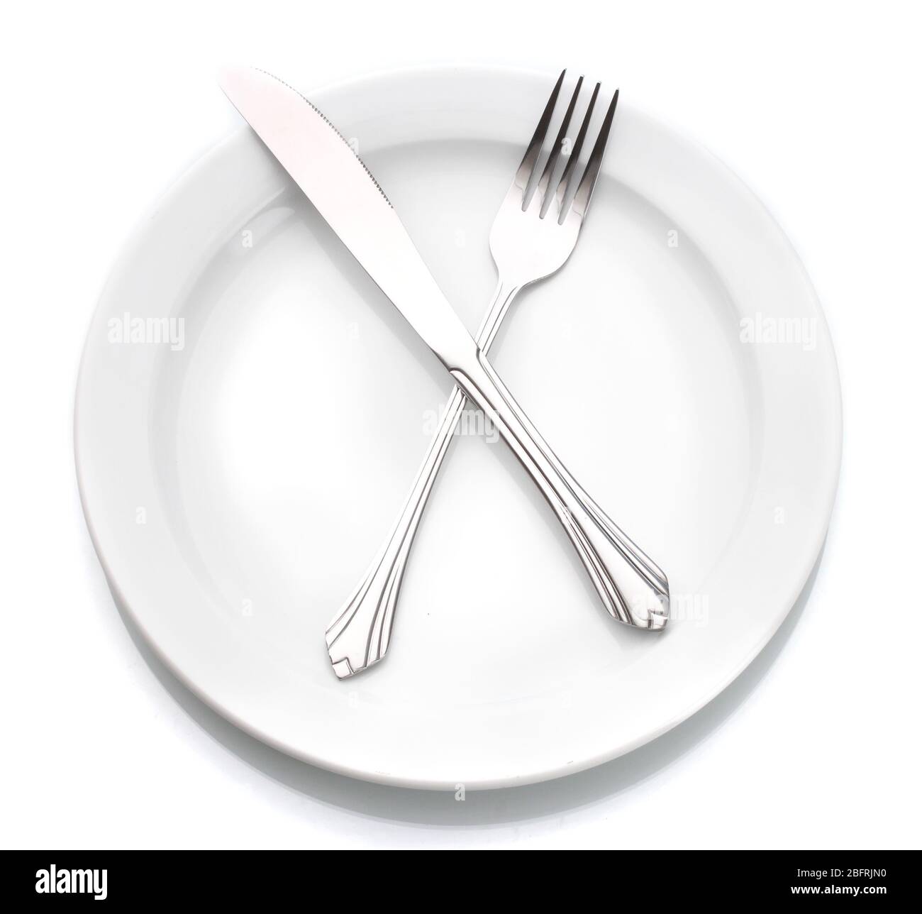 White empty plate with fork and knife isolated on white Stock Photo - Alamy
