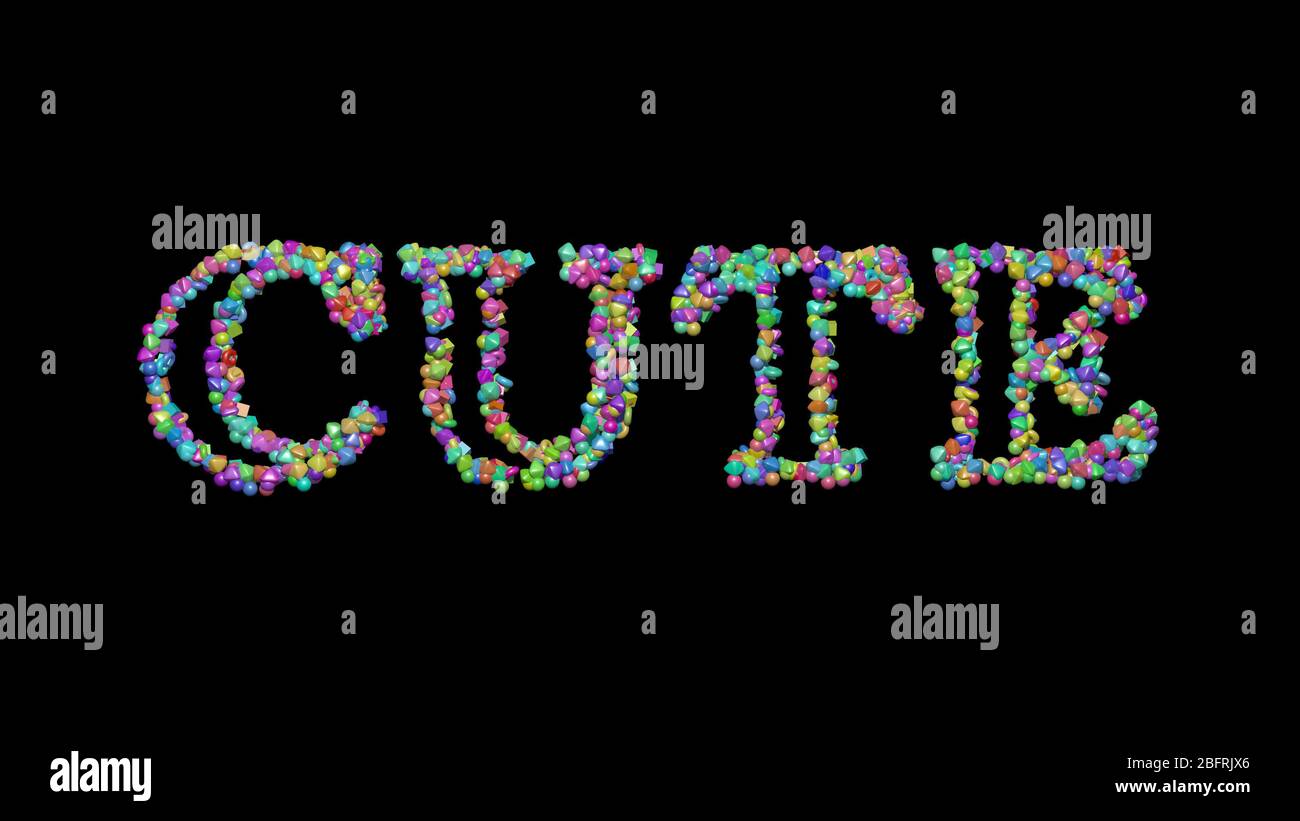 Cute: 3D illustration of the text made of small objects over a black ...