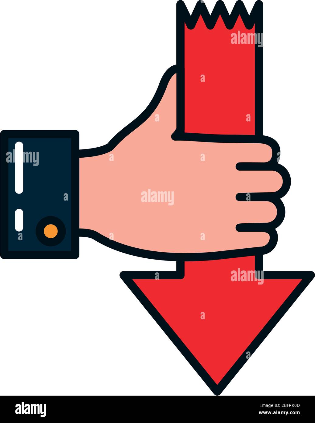 hand holding a arrow with down direction over white background, line ...