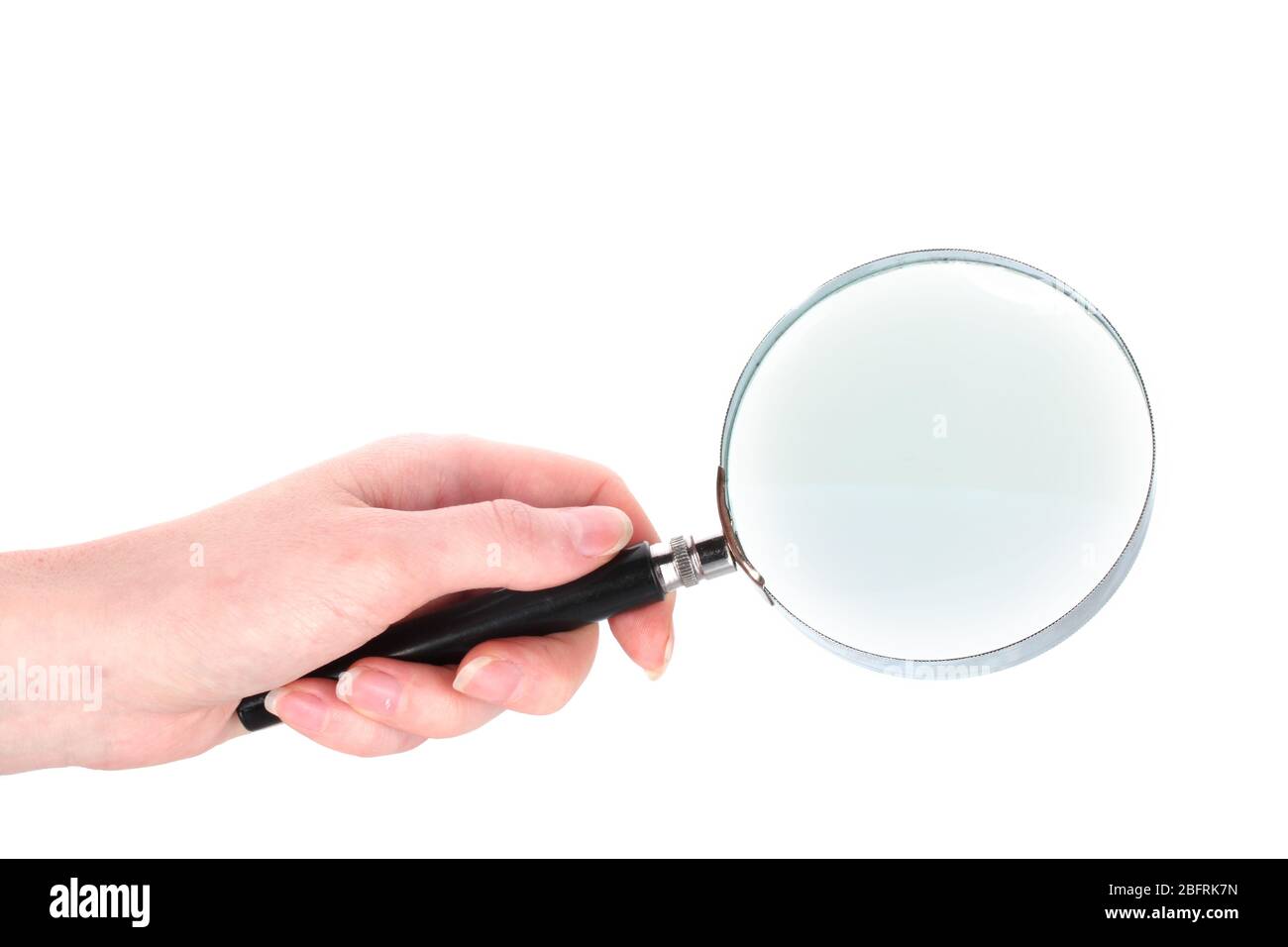 Magnifying glass in hand isolated on white Stock Photo - Alamy