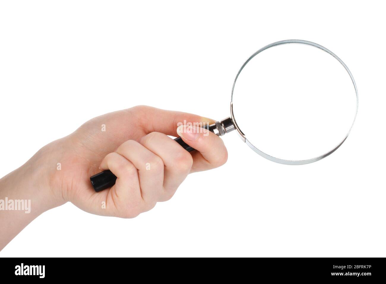 Magnifying glass in hand isolated on white Stock Photo - Alamy
