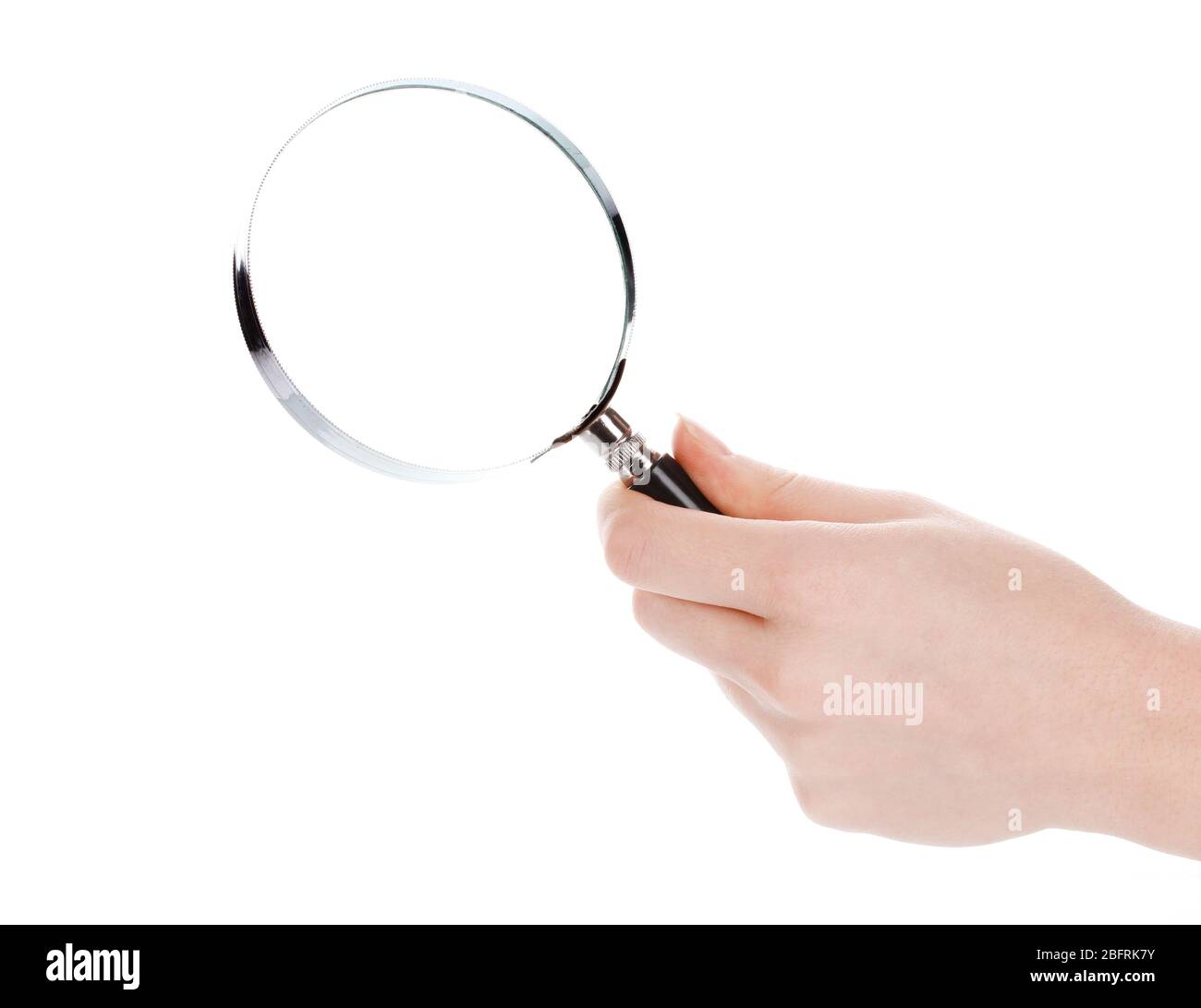 Magnifying glass in hand isolated on white Stock Photo - Alamy