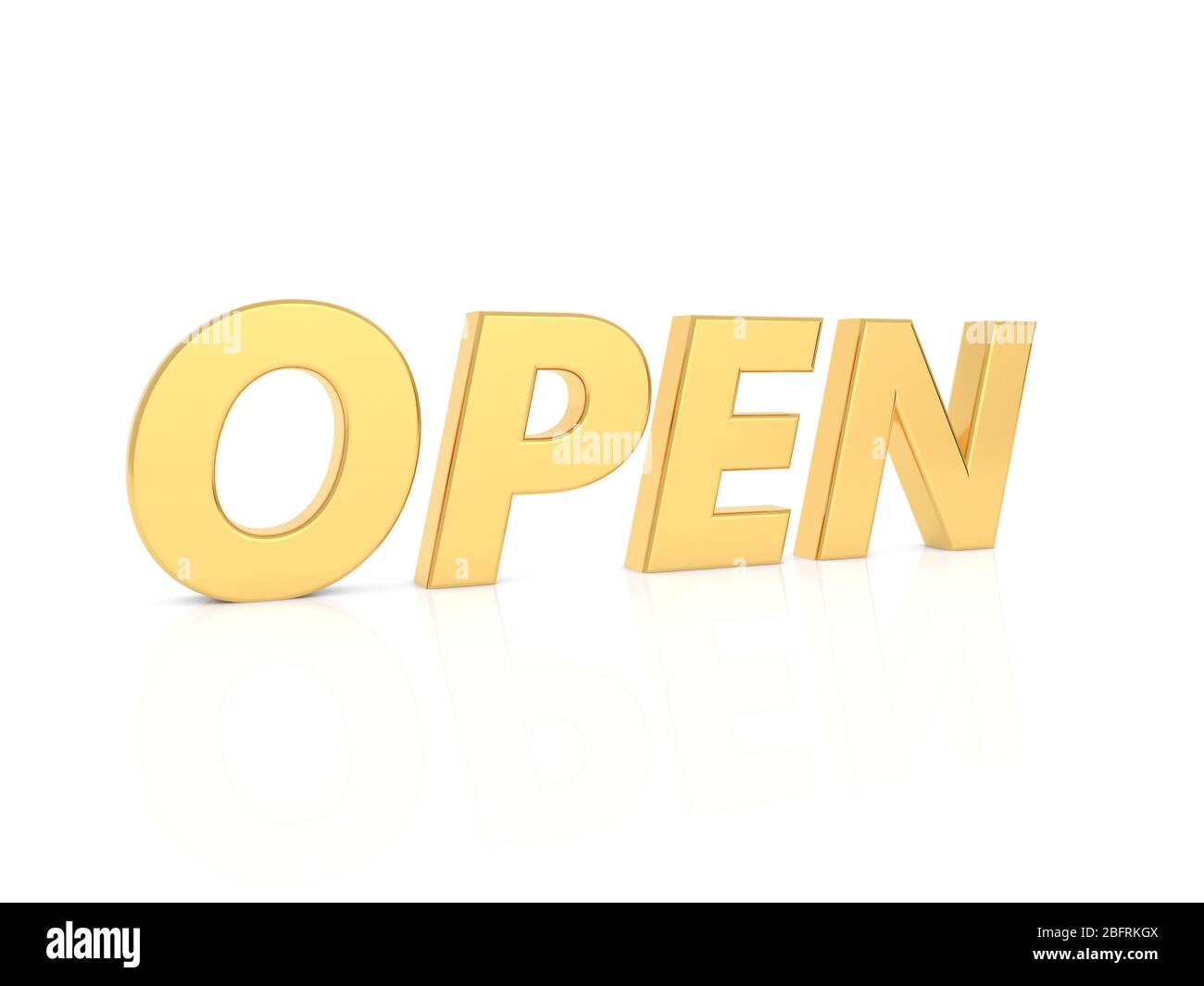 OPEN - inscription in gold letters on a white background. 3d render ...