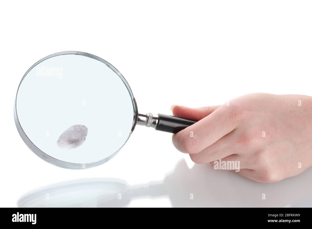 Magnifying glass in hand and fingerprint isolated on white Stock Photo ...