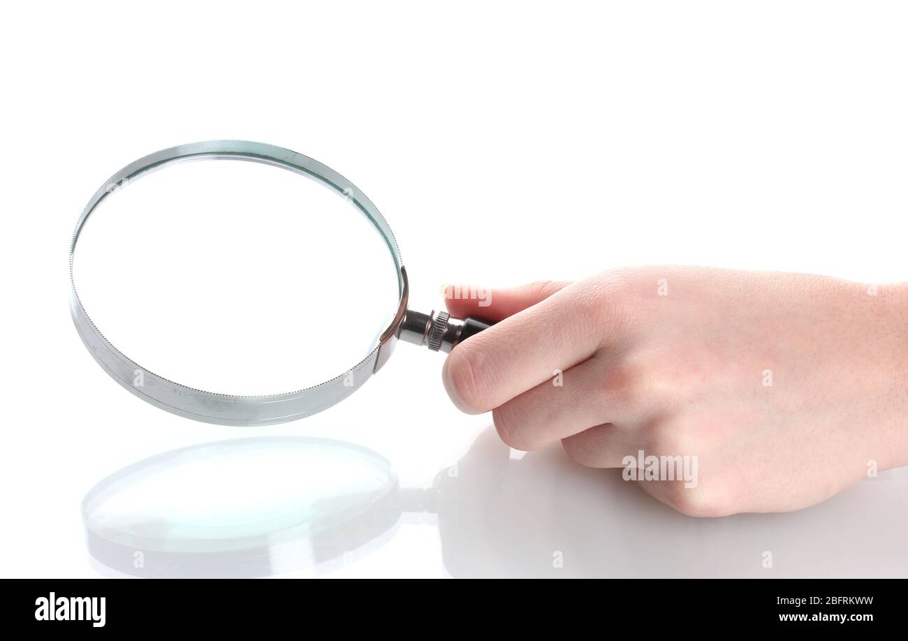 Magnifying glass in hand and fingerprint isolated on white Stock Photo ...
