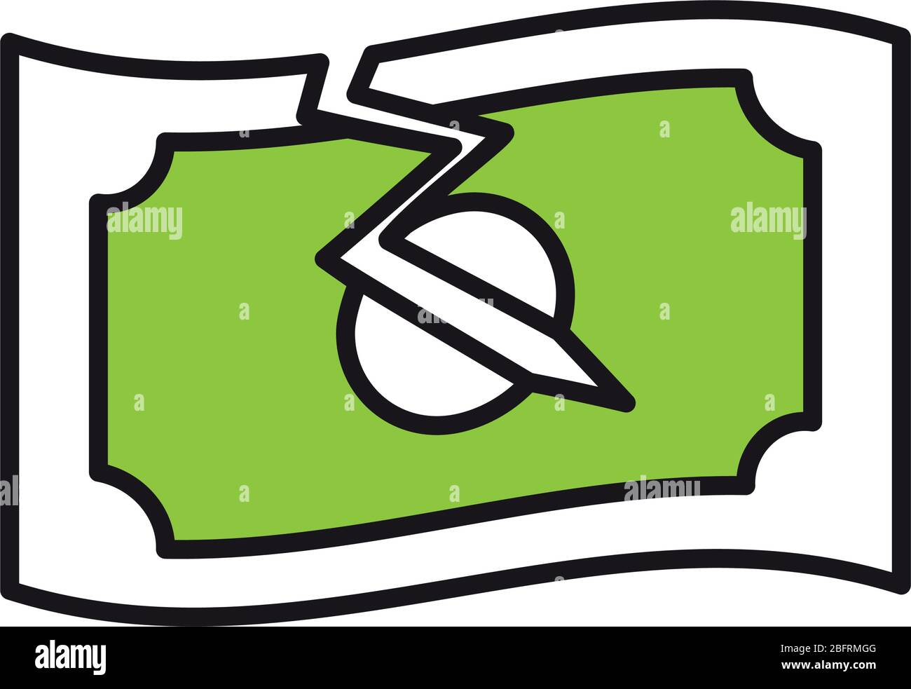 broken money bill icon over white background, half half line color ...