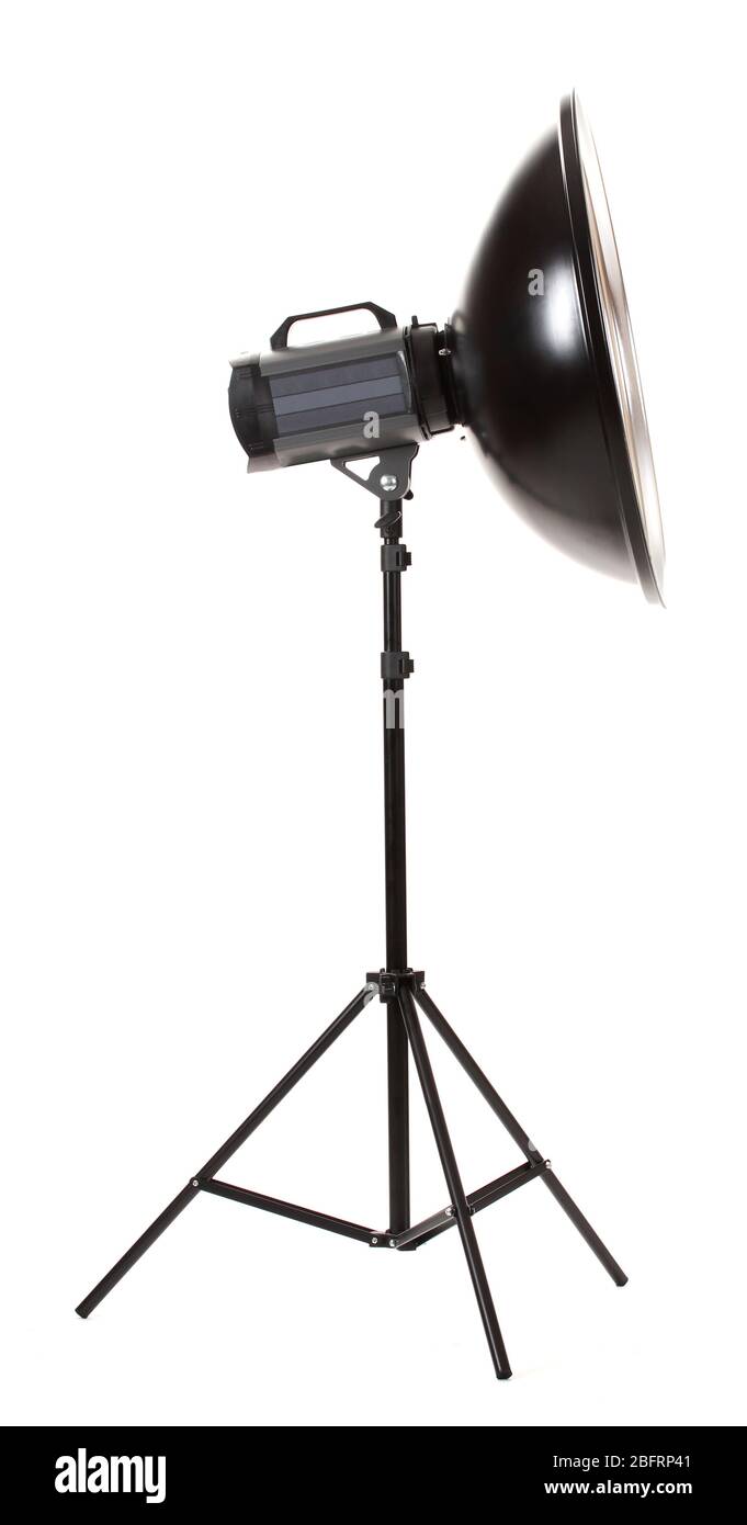 Studio flash with beauty dish isolated on white Stock Photo - Alamy