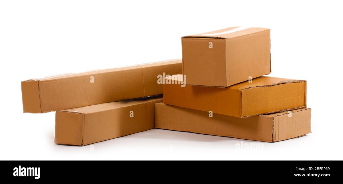 Brown cardboard boxes isolated on white Stock Photo - Alamy