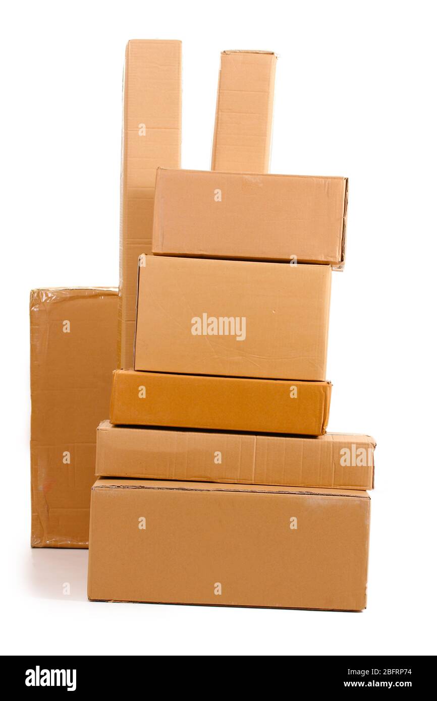 Brown cardboard boxes isolated on white Stock Photo - Alamy