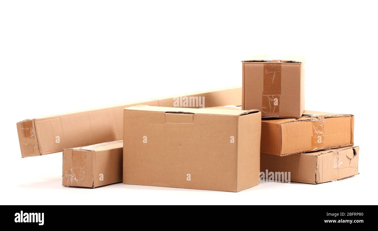 Brown cardboard boxes isolated on white Stock Photo - Alamy
