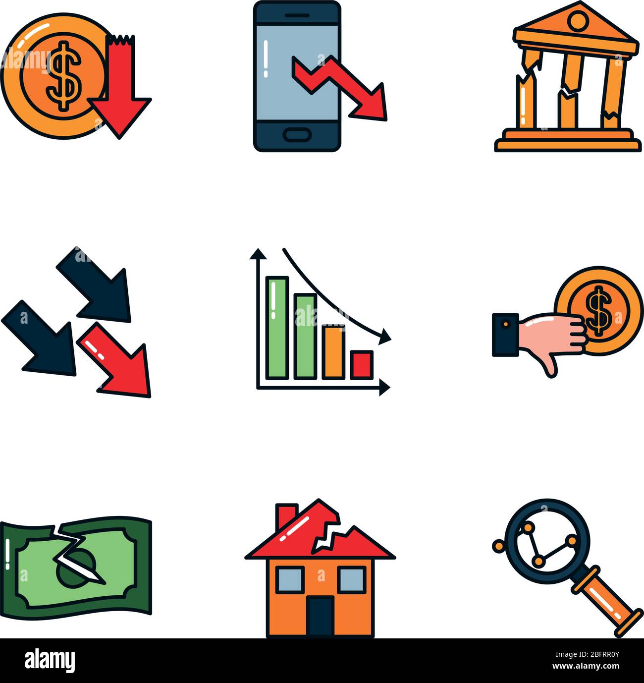 money items and economic recession icon set over white background, line ...