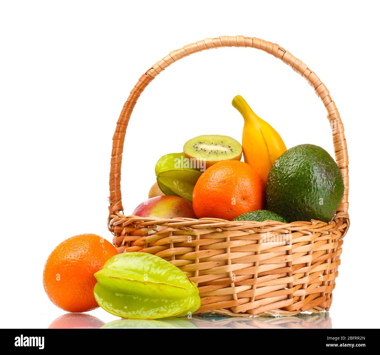 Assortment of exotic fruits in basket isolated on white Stock Photo - Alamy
