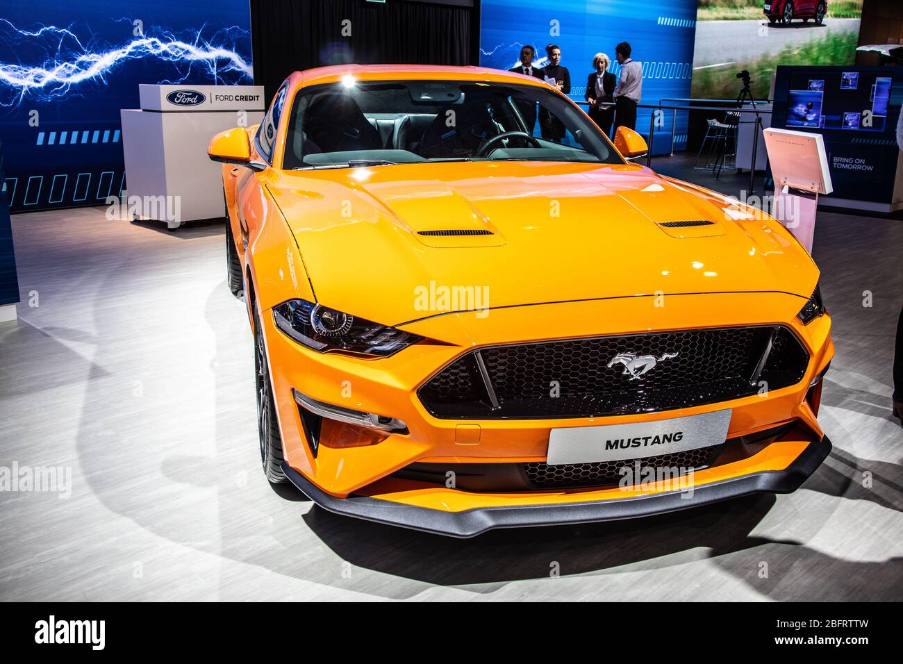 Brussels, Belgium, Jan 09, 2020: metallic yellow Ford Mustang GT at ...