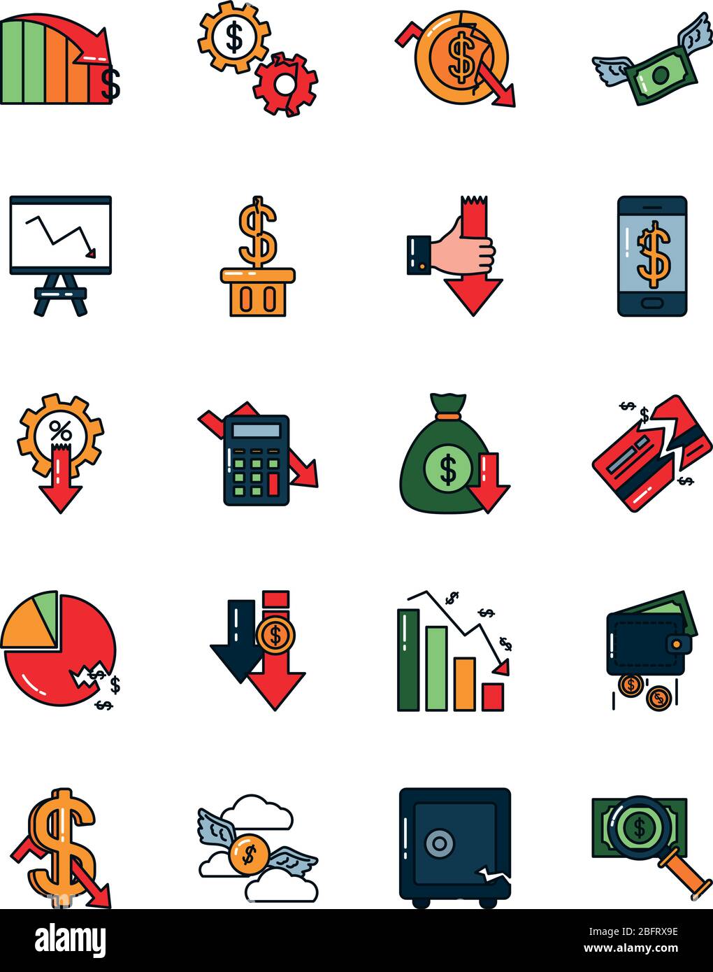 strongbox and economic recession icon set over white background, line ...