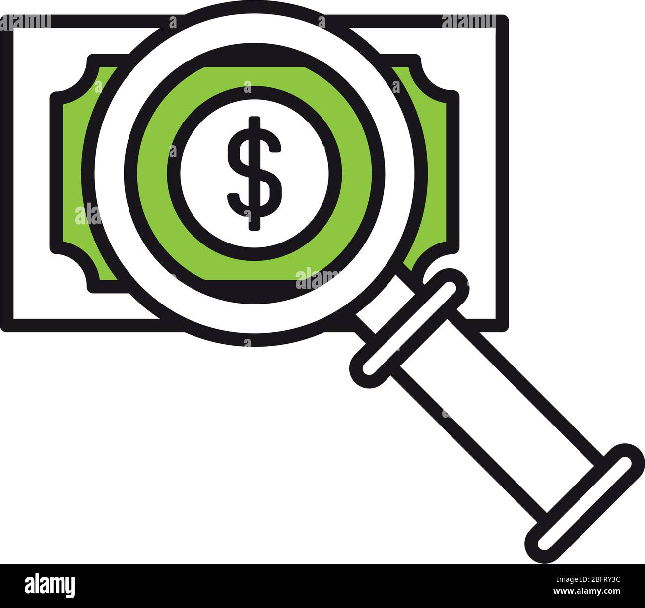 money bill and magnifying glass icon over white background, half color ...
